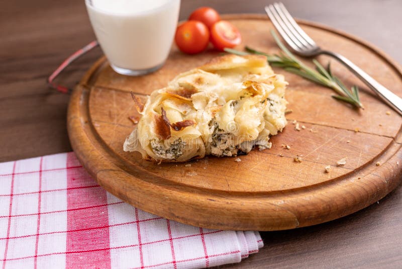 Traditional Balkan Breakfast - Burek Pie with Cheese and Spinach Stock ...