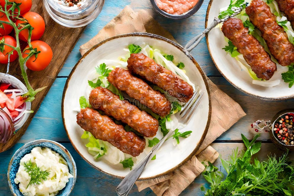 A Traditional Balkan Dish, Cevapi, Served with Fresh Vegetables and ...