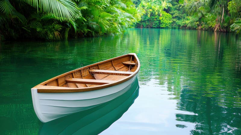 Traditional Balsa Boat Floating in Lush Rainforest Stock Illustration ...