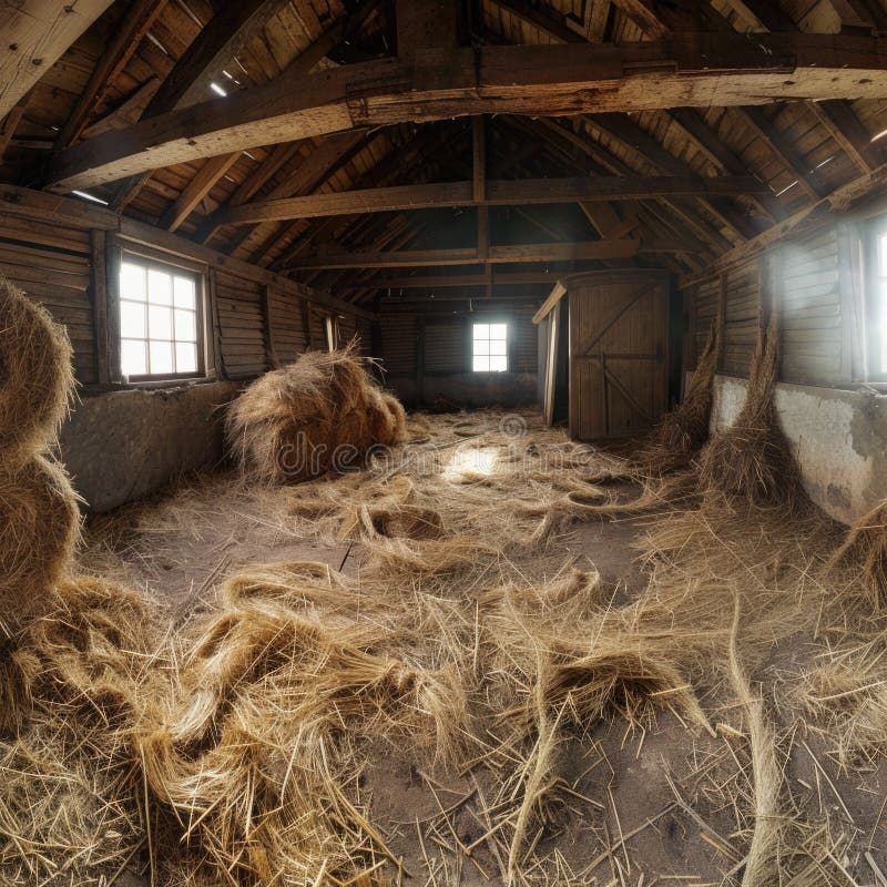 A Traditional Barn Filled with Stacks of Fresh Hay and Hay Bales, Ready ...