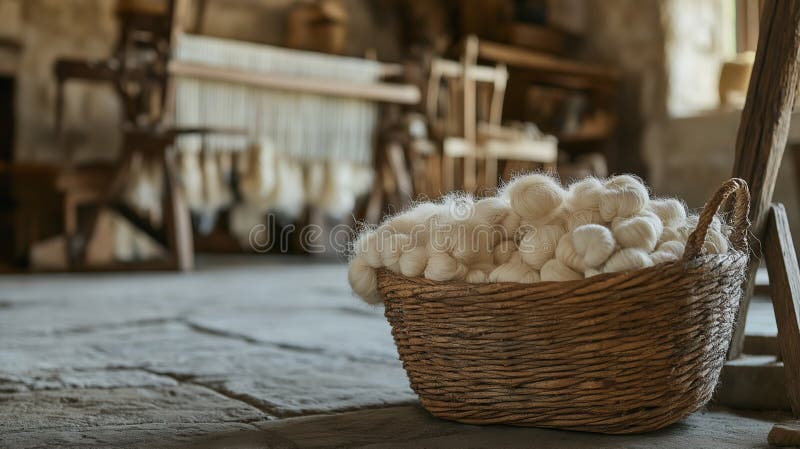 Traditional Basket Filled with Raw Wool Tufts, Sitting on a Stone Floor ...
