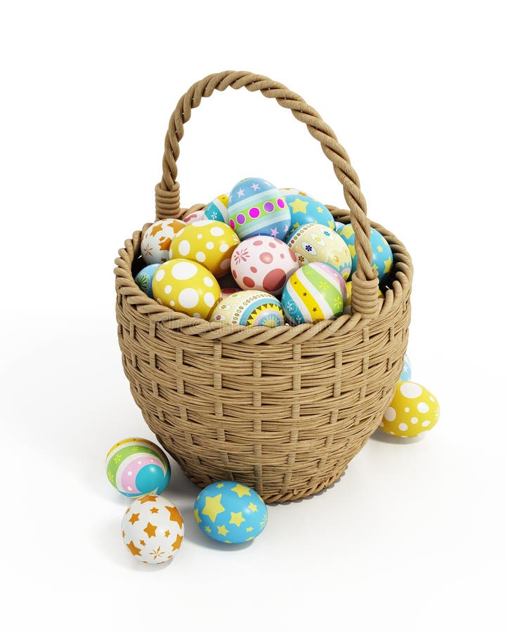 Traditional Basket Full of Painted, Pastel Colored Easter Eggs. 3D ...