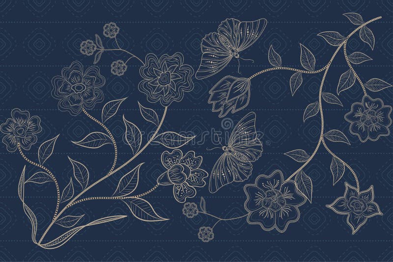 Traditional Batik Style Floral and Butterfly Line Art. Stock Vector ...