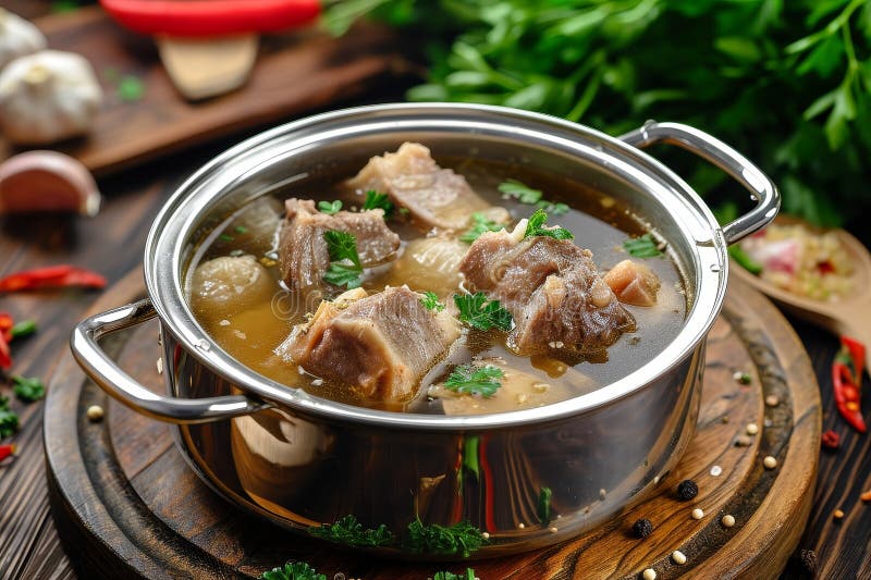 Traditional Beef Broth with Vegetable, Bones and Ingredients in Pot ...