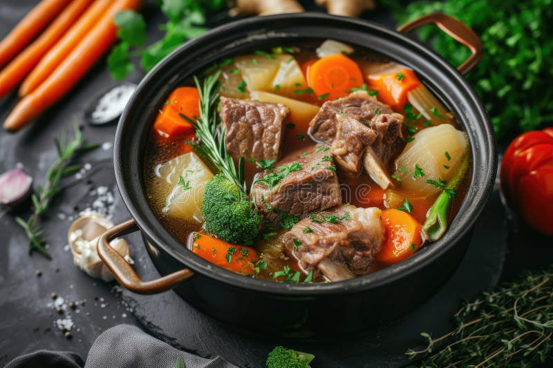 Traditional Beef Broth with Vegetable, Bones and Ingredients in Pot ...