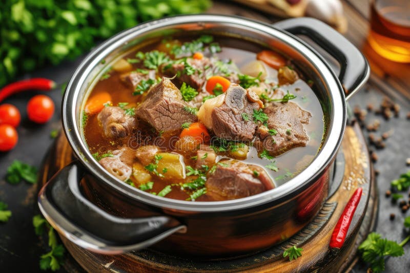 Traditional Beef Broth with Vegetable, Bones and Ingredients in Pot ...