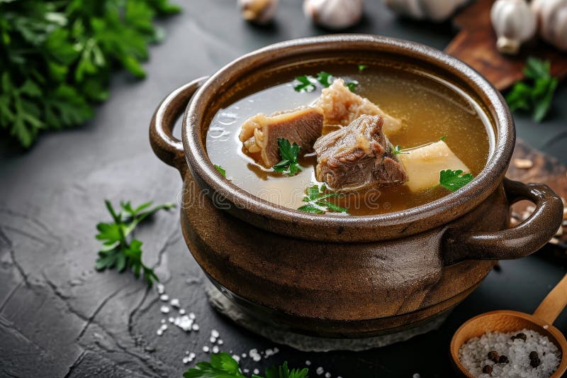 Traditional Beef Broth with Vegetable, Bones and Ingredients in Pot ...
