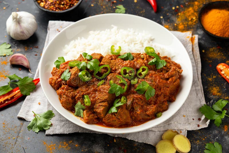 Traditional Beef Curry with Rice and Spicy Stock Image - Image of meat ...