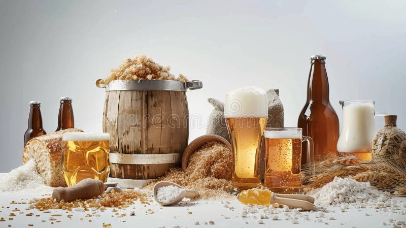 Traditional Beer Brewing Process with Yeast and Ingredients Display ...