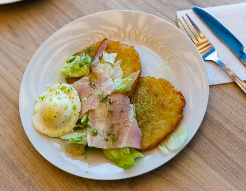 Belarusian Draniki with Ham, Fried Egg Stock Image - Image of green ...