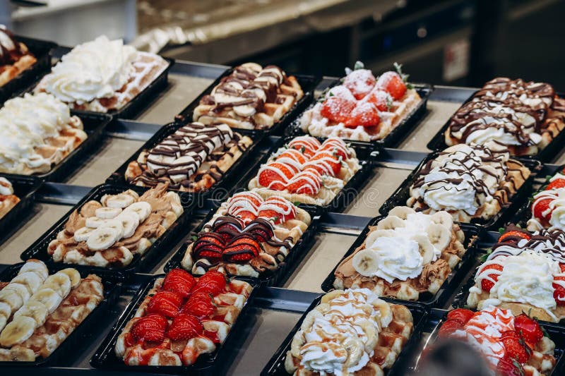Traditional Belgian Waffles with Different Toppings Stock Photo - Image ...