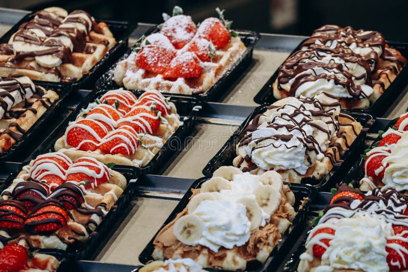 Traditional Belgian Waffles with Different Toppings Stock Image - Image ...