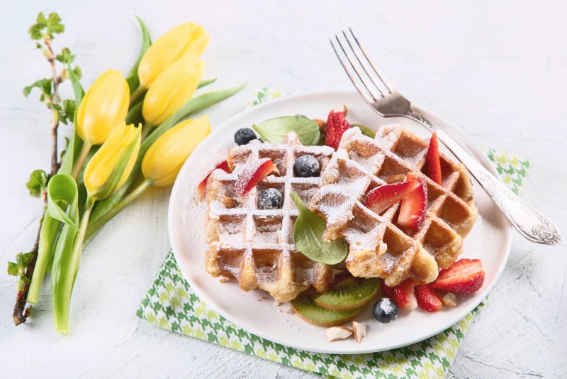 Traditional Belgian Waffles with Fresh Fruit Stock Image - Image of ...