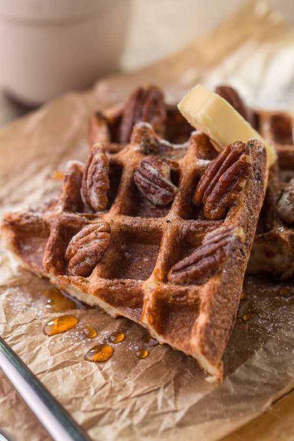 Traditional Belgian Waffles with Syrup and Butter Stock Image - Image ...