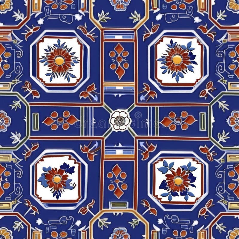 Traditional Blue Ceramic Tile Pattern with Floral Designs Stock Image ...