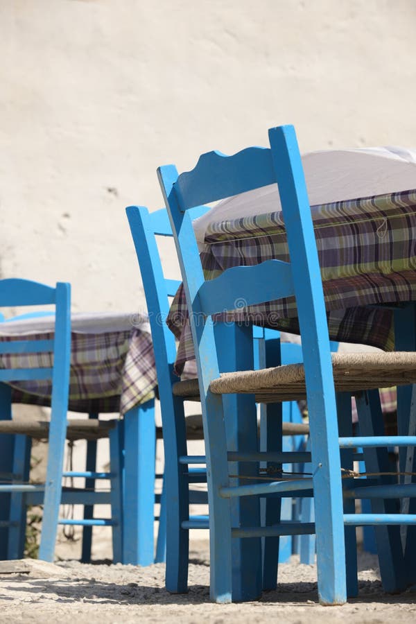 Traditional Blue Greek Chairs in a Taverna Stock Photo - Image of retro ...