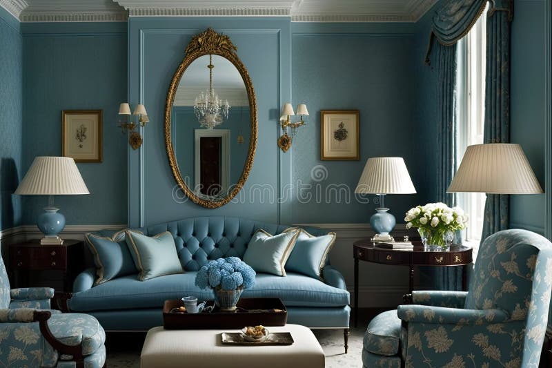 Traditional Blue Living Room with Plenty of Space Stock Illustration ...