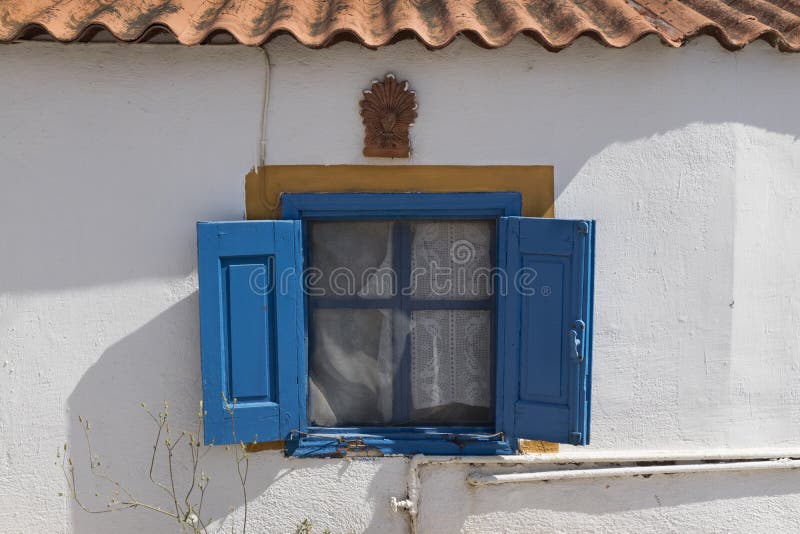 Traditional Blue Painted Greek Window Stock Image - Image of tradition ...