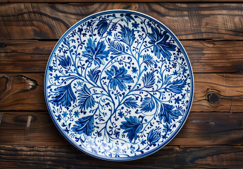 Traditional Blue and White Ceramic Plate with Floral Patterns Stock ...