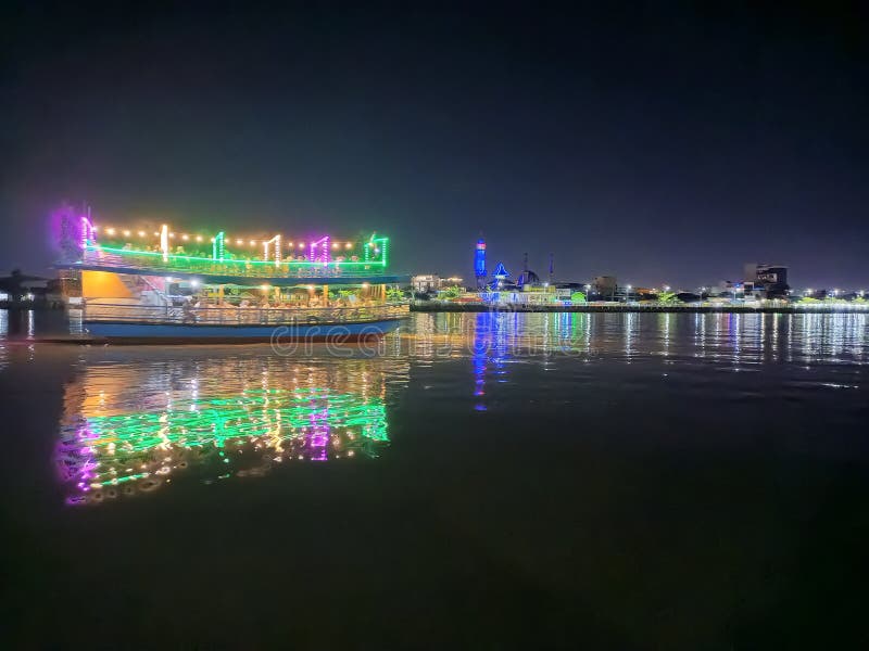 Traditional Boat Down the River at Night Stock Photo - Image of boat ...