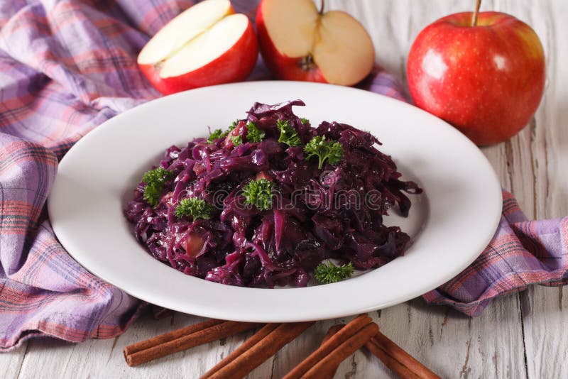Traditional Braised Red Cabbage with Apples Close Up. Horizontal Stock ...