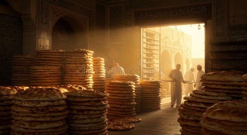 Traditional Bread Baking in Middle Eastern Bakery with Golden Light ...