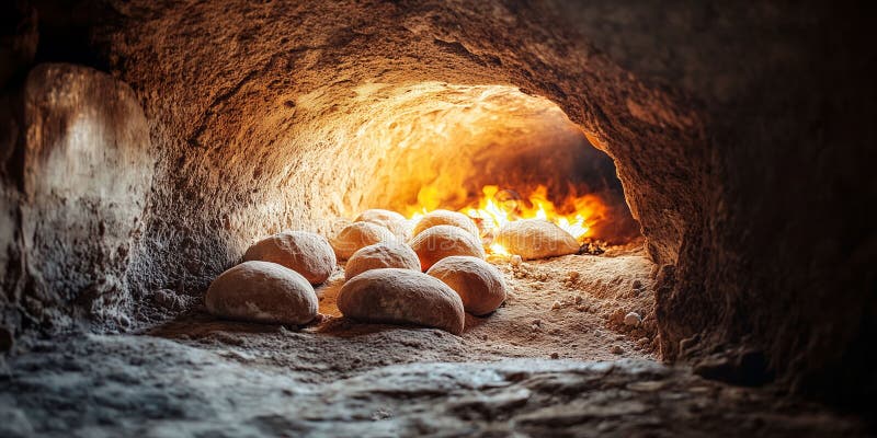Traditional Bread Baking in Stone Oven with Fire, Rustic Artisanal ...