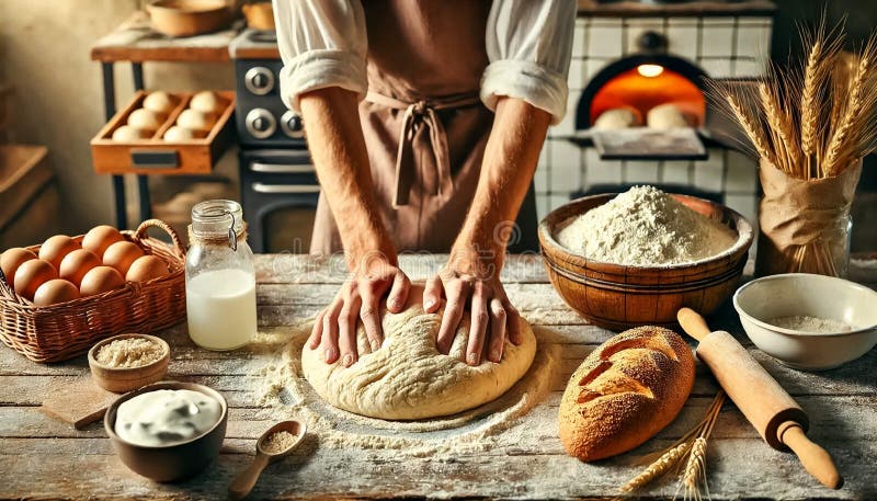 Traditional Bread Making in a Rustic Kitchen Stock Illustration ...