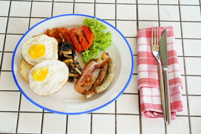 Traditional Breakfast on a Plate on a Table with a Plaid Tablecloth ...