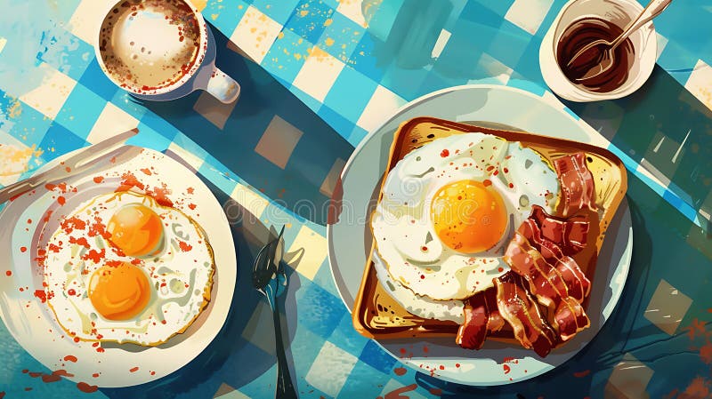 A Traditional Breakfast Scene with Toast, Eggs, and Bacon Stock Illustration - Illustration of ...