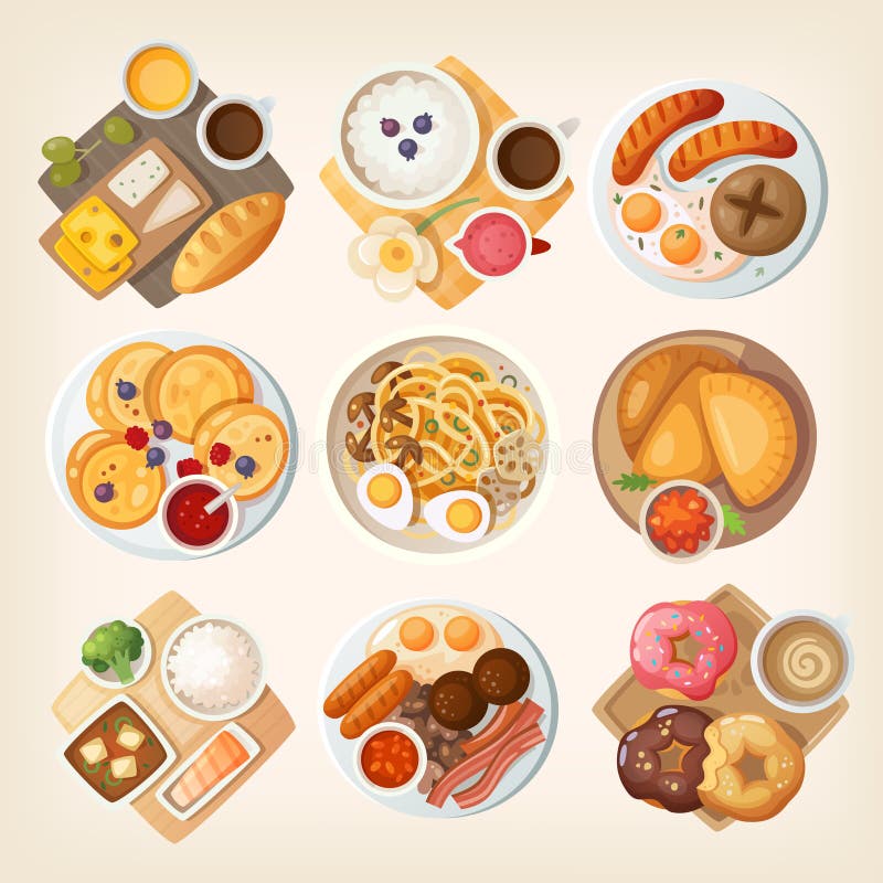 Classic Breakfast Cartoon Set with Pancakes, Cerea Stock Vector ...