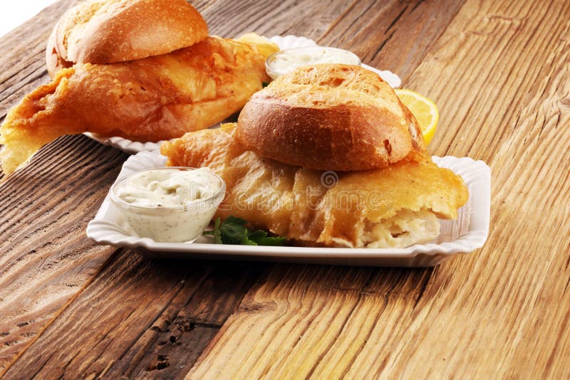 Traditional British Fish and Bread Bun Consisting of Fried Fish Stock ...