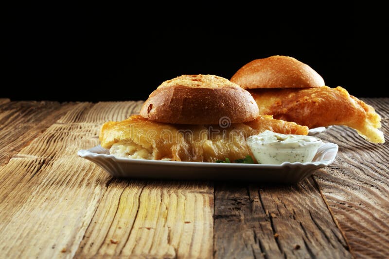 Traditional British Fish and Bread Bun Consisting of Fried Fish Stock ...