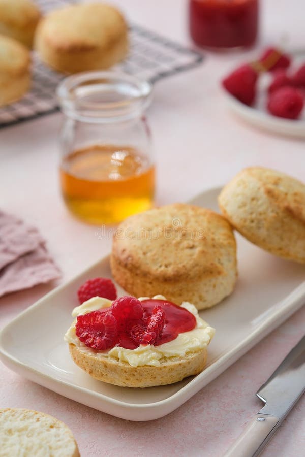 Traditional British Scones with Clotted Cream, Raspberry Jam. Scones ...