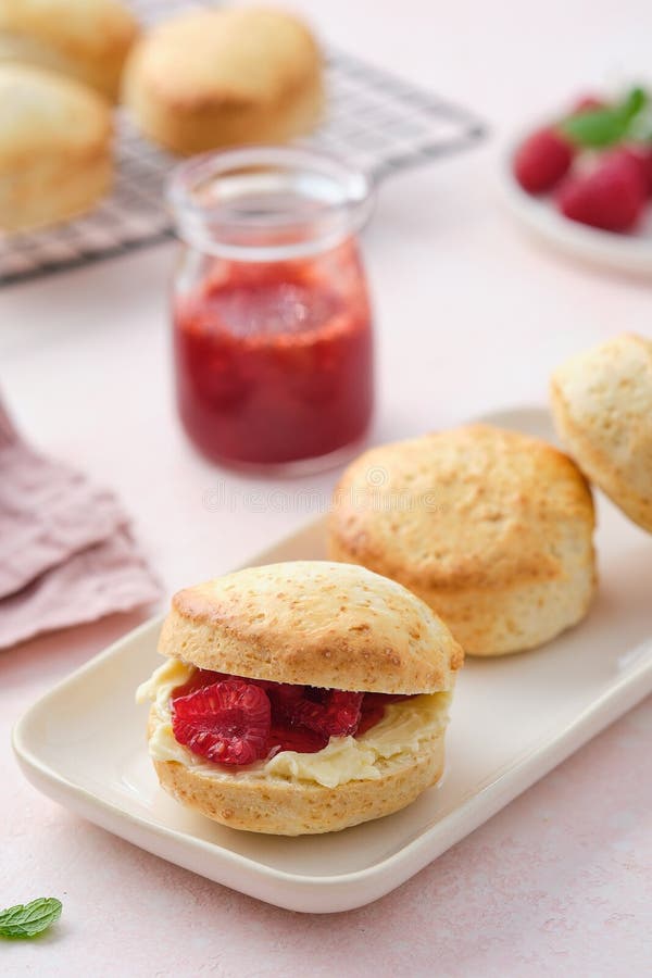 Traditional British Scones with Clotted Cream, Raspberry Jam. Scones ...