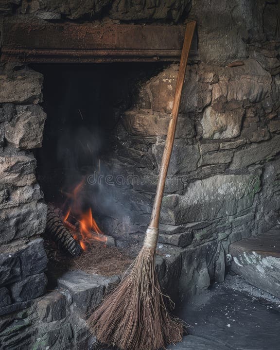 Traditional Broom by a Rustic Stone Fireplace with a Burning Fire Stock ...