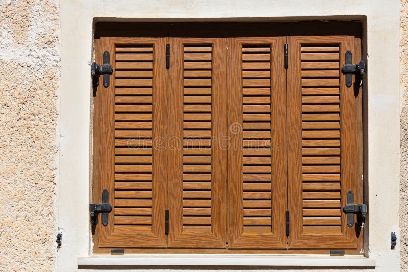 Traditional Brown Shutters Window, Greece Stock Image - Image of detail ...