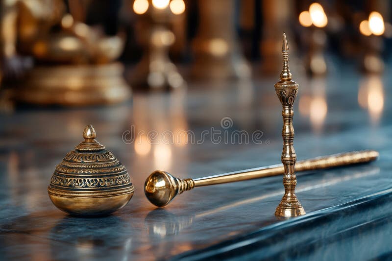 Buddhist Ritual Objects Shining in Candlelight in Temple Stock ...