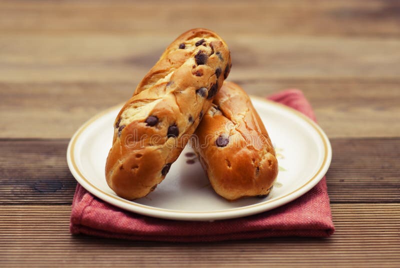 Traditional Buns with Chocolate Chips, Breakfast or Snack, Rustic Wood ...