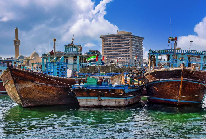 Traditional Cargo Ship in Dubai Creek Stock Image - Image of goods ...