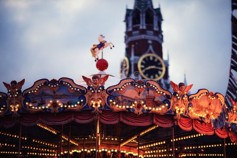 Traditional Carousel with Wooden Horses in an Italian Town Stock Photo ...