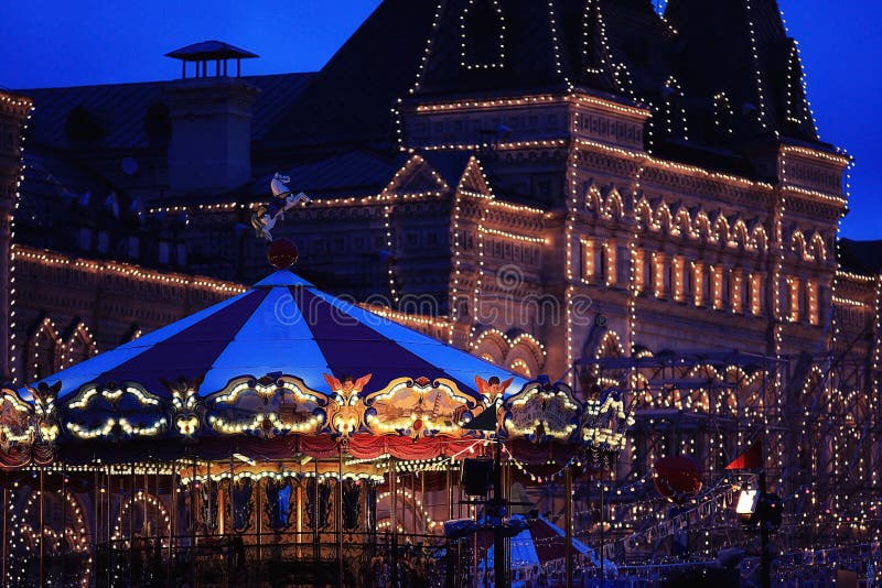 Traditional Carousel with Wooden Horses in an Italian Town Stock Photo ...