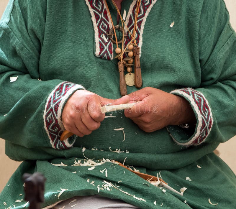 Carpenter in Medieval Cotton Clothes Working with a Drawknife or ...