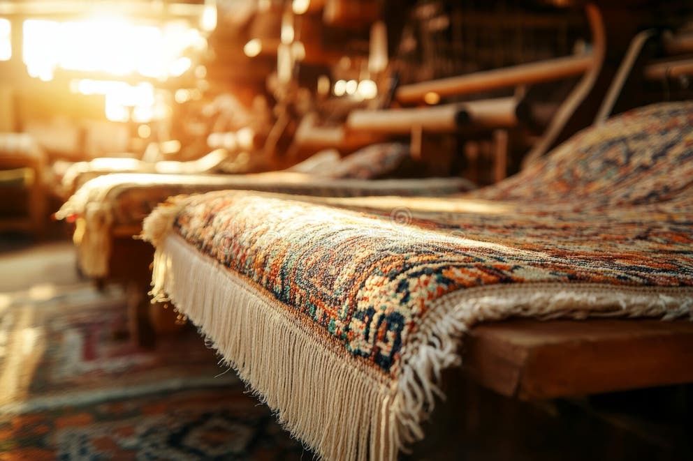 Traditional Carpet Workshop Displaying Colorful Carpets and Rugs Stock ...