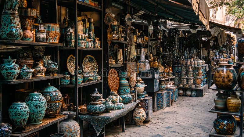 Traditional Ceramic Pottery in a Middle Eastern Market Stock Image ...