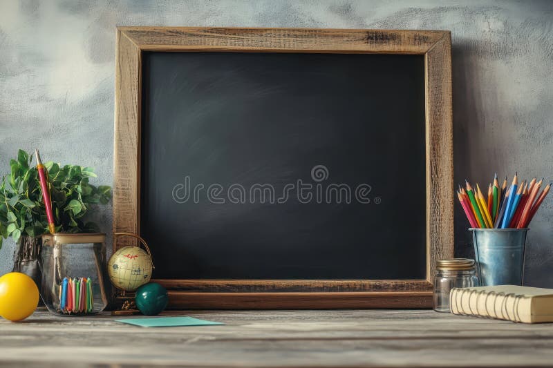 Classic Chalkboard with School Supplies on Desk Stock Illustration ...