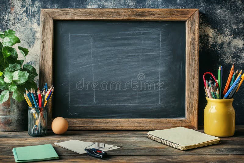 Classic Chalkboard with School Supplies on Desk Stock Illustration ...