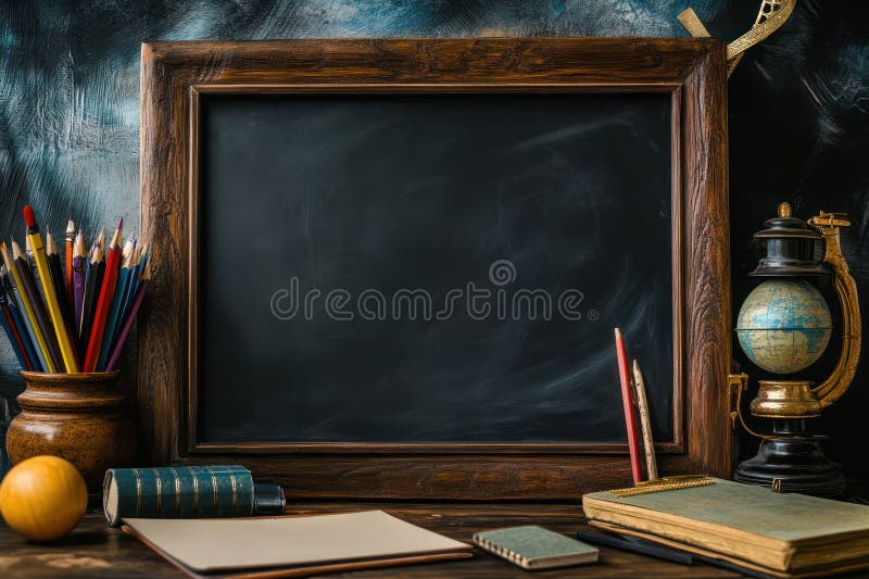 Classic Chalkboard with School Supplies on Desk Stock Illustration ...