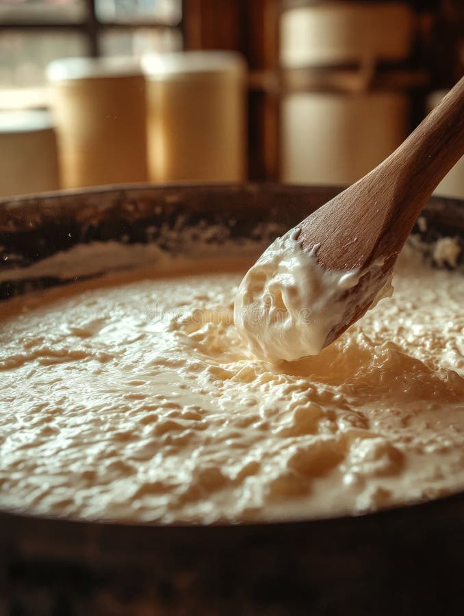 Traditional Cheese Making in Progress with Wooden Spoon. Stock Photo ...