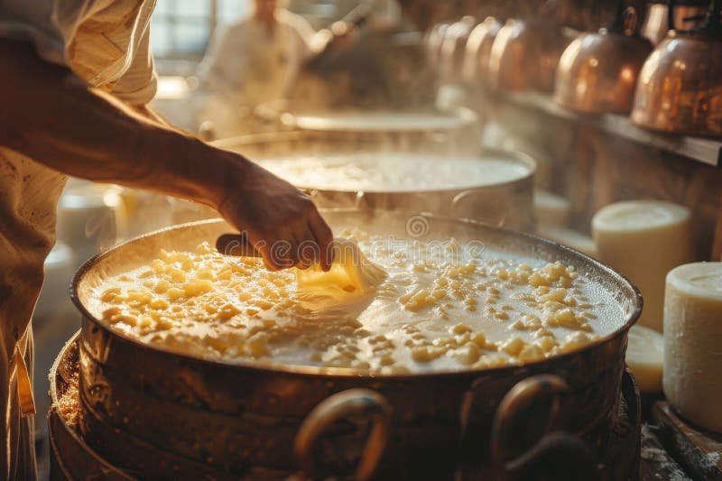 Traditional Cheesemaking Process with Cheesemaker Stirring Curds in a ...